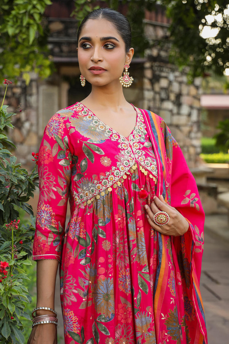 Shop Deep Pink Modal Chanderi Floral Suit Set- Elegant Ethnic Wear ...