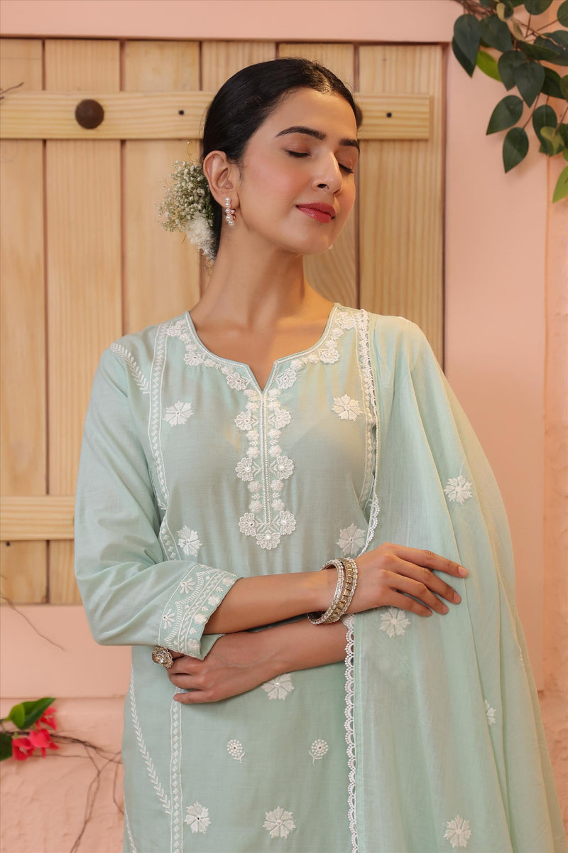 Pista Green Cottom Embroidered and Beadwork Kurta Pant Set With Dupatt ...