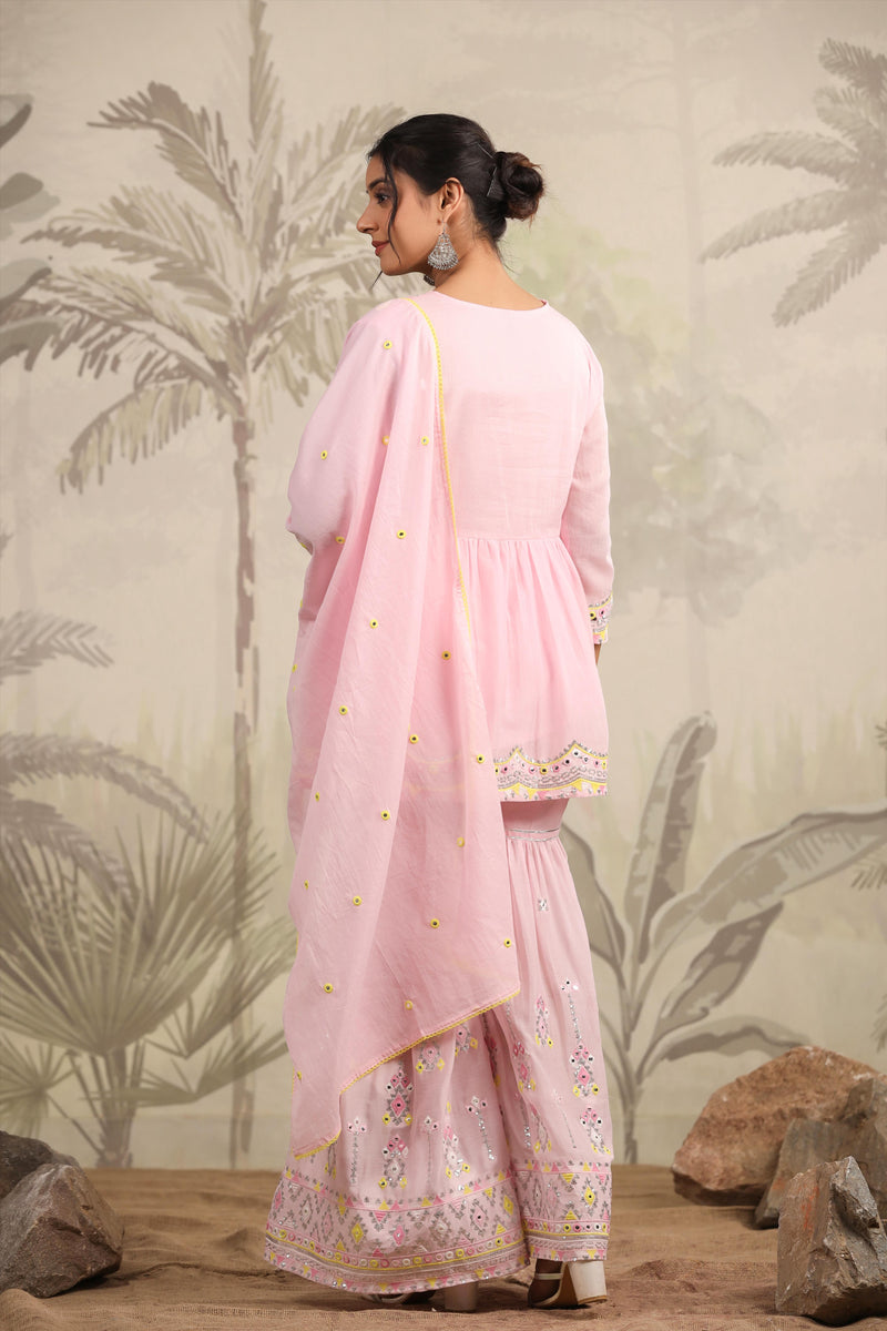 Pink Mulmul Mirror & Sequin Embroidered Peplum Kurta Sharara & Dupatta ...