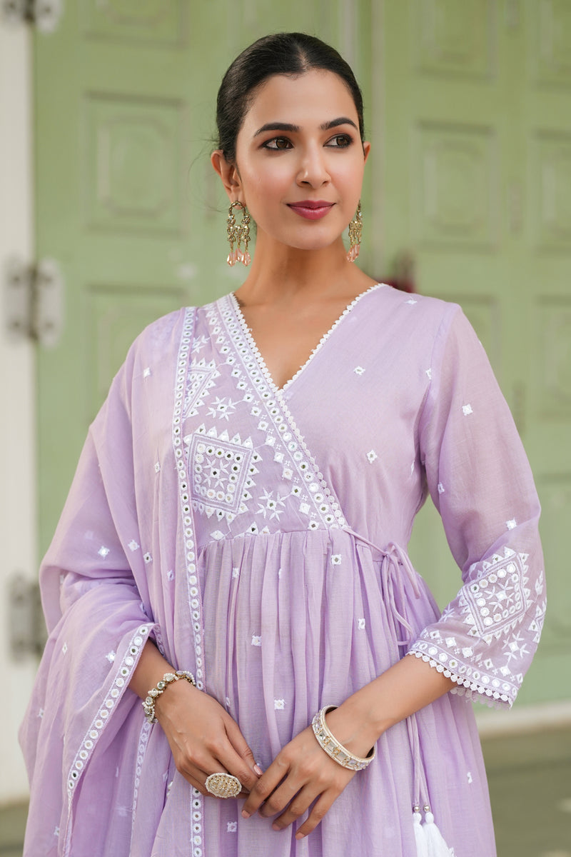 Shop Lavender Mulmul Mirror Embroidered Angrakha Suit Set- Elegant ...