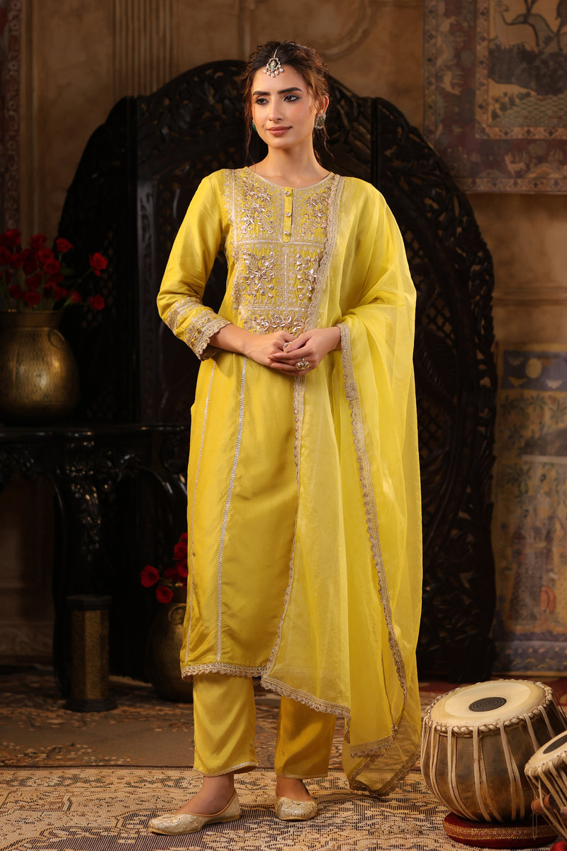 Shop Lime Green Dupion Silk Gota-Dori Embroidered Suit Set- Elegant ...