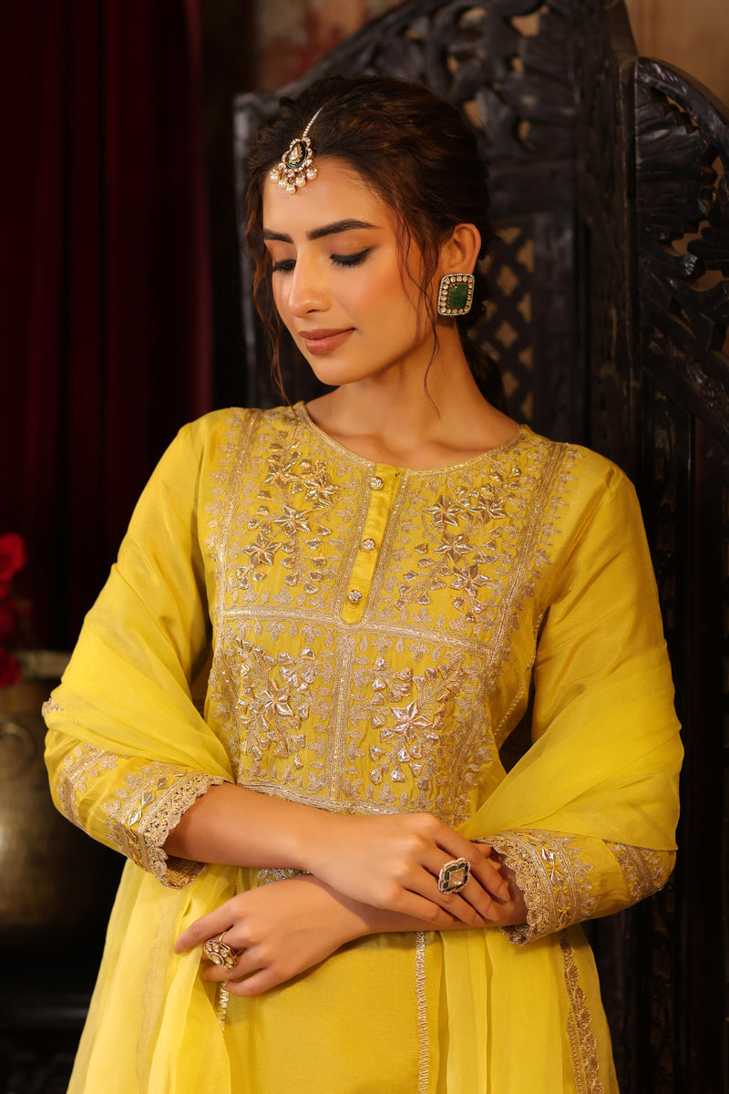 Shop Lime Green Dupion Silk Gota-Dori Embroidered Suit Set- Elegant ...