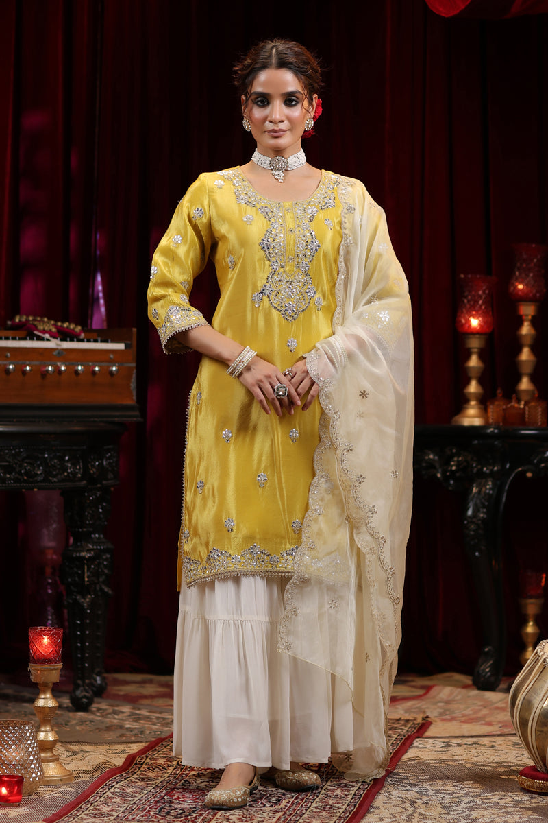 Shop Lime Green-Ivory Shimmer Organza Dori-Gota Work Sharara Set ...