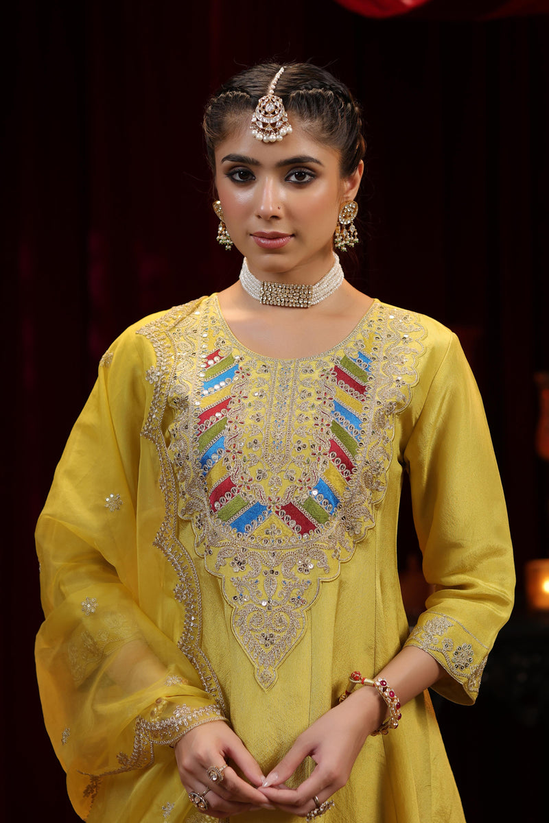 Shop Lime Green Shimmer Organza Dori-Sequin Work Anarkali Set- Elegant ...