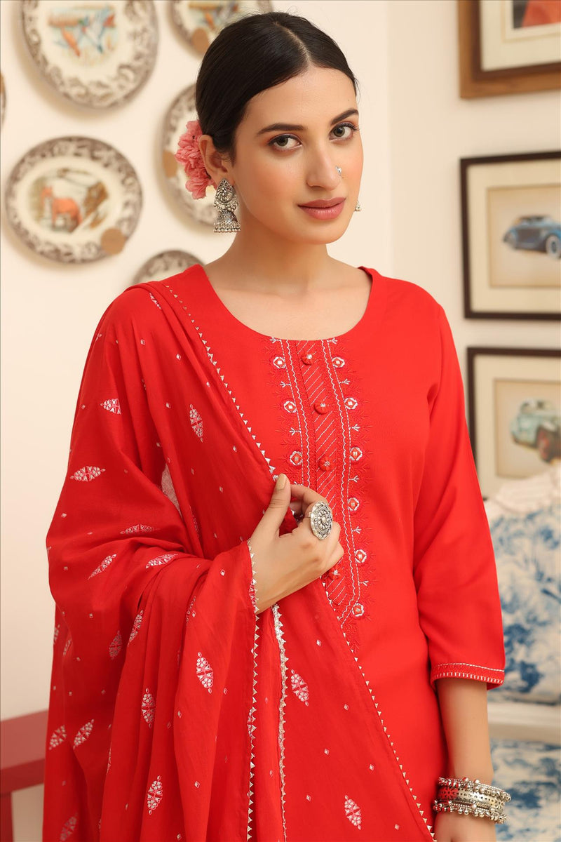 Shop Red Rayon Zari Embroidered Khari Printed Suit Set- Elegant Ethnic ...