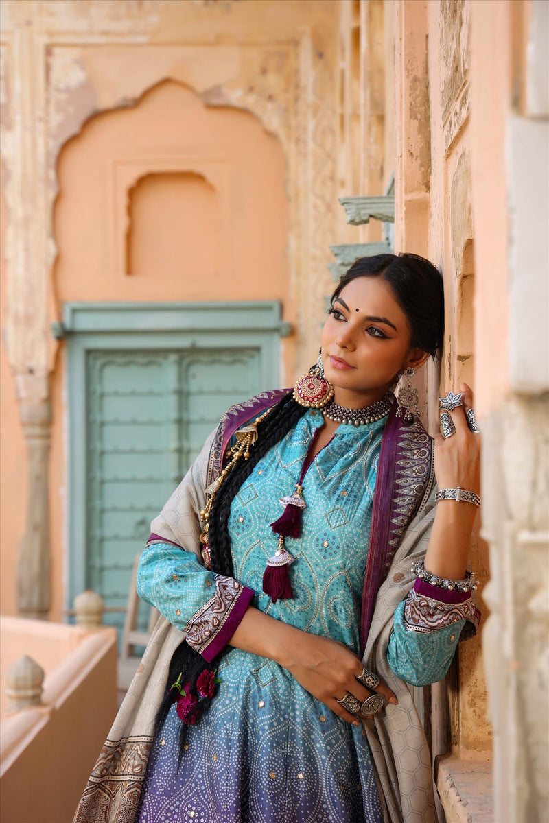 Shop Purple Banarasi Silk Bandhani Print Morpankh Anarkali Set- Elegant ...